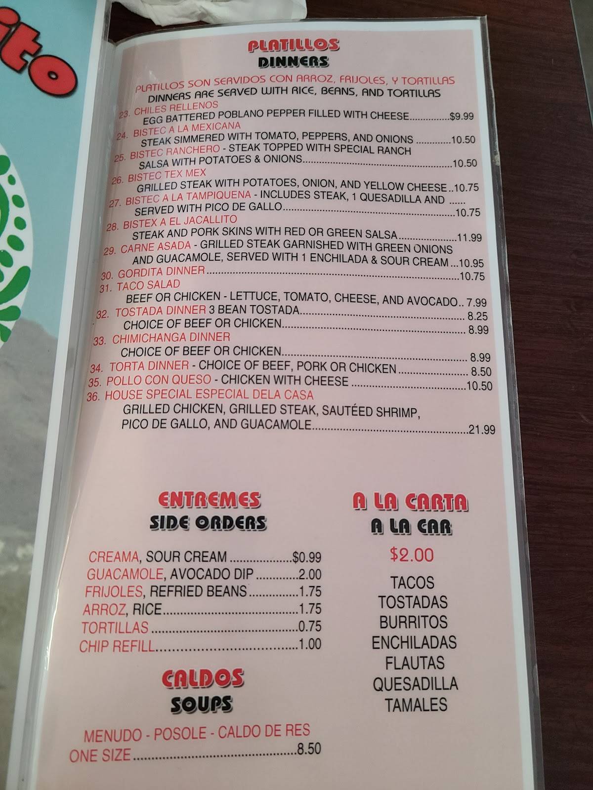 Menu at El Jacalito restaurant, Sterling