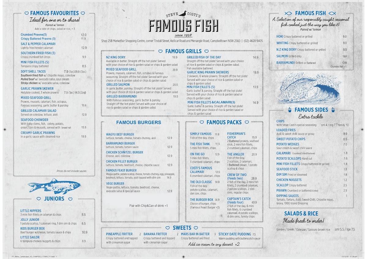 Menu at Steve Costi's Famous Fish restaurant, Campbelltown