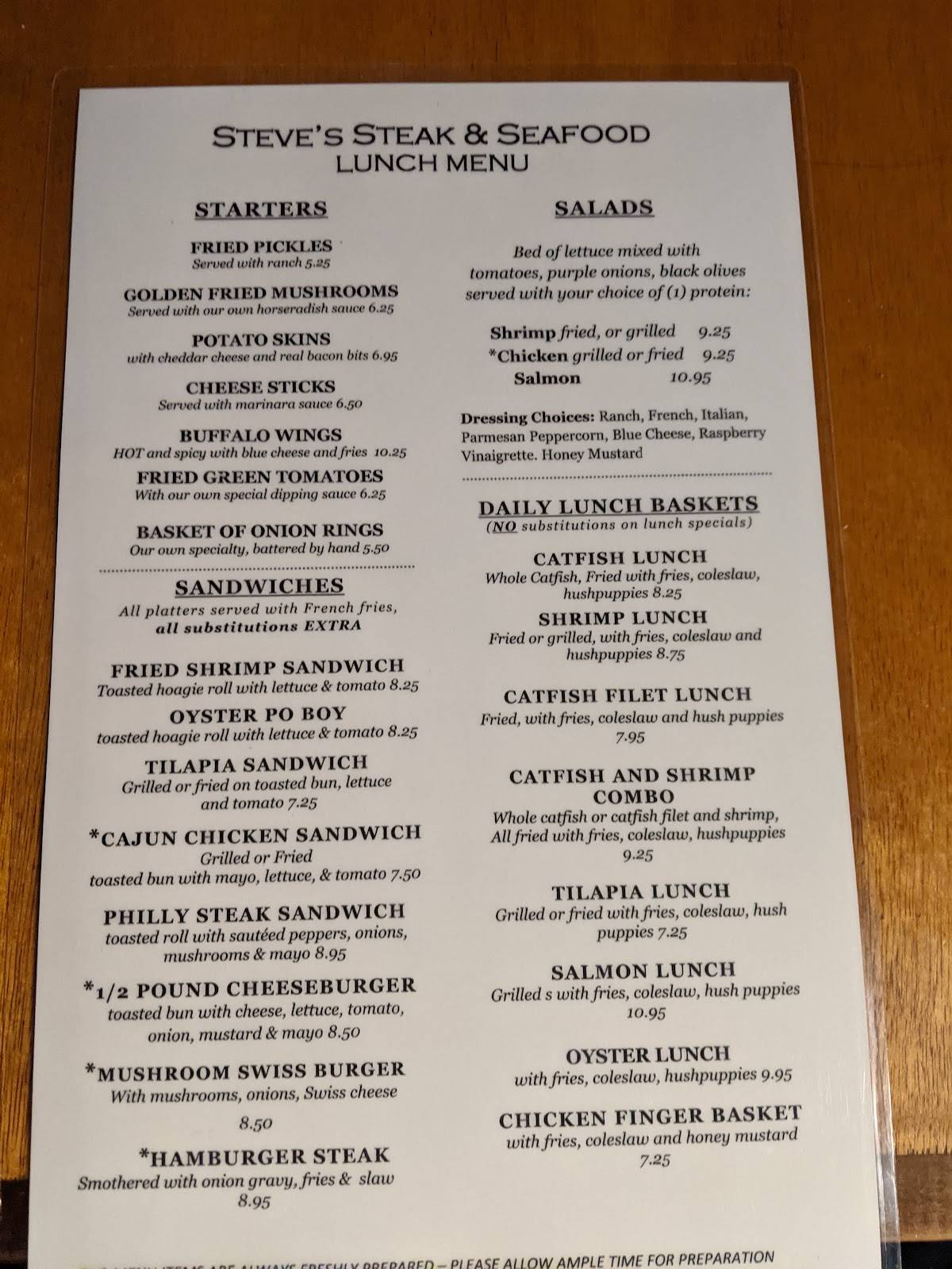 Menu at Steve's Steak & Seafood steakhouse, Macon