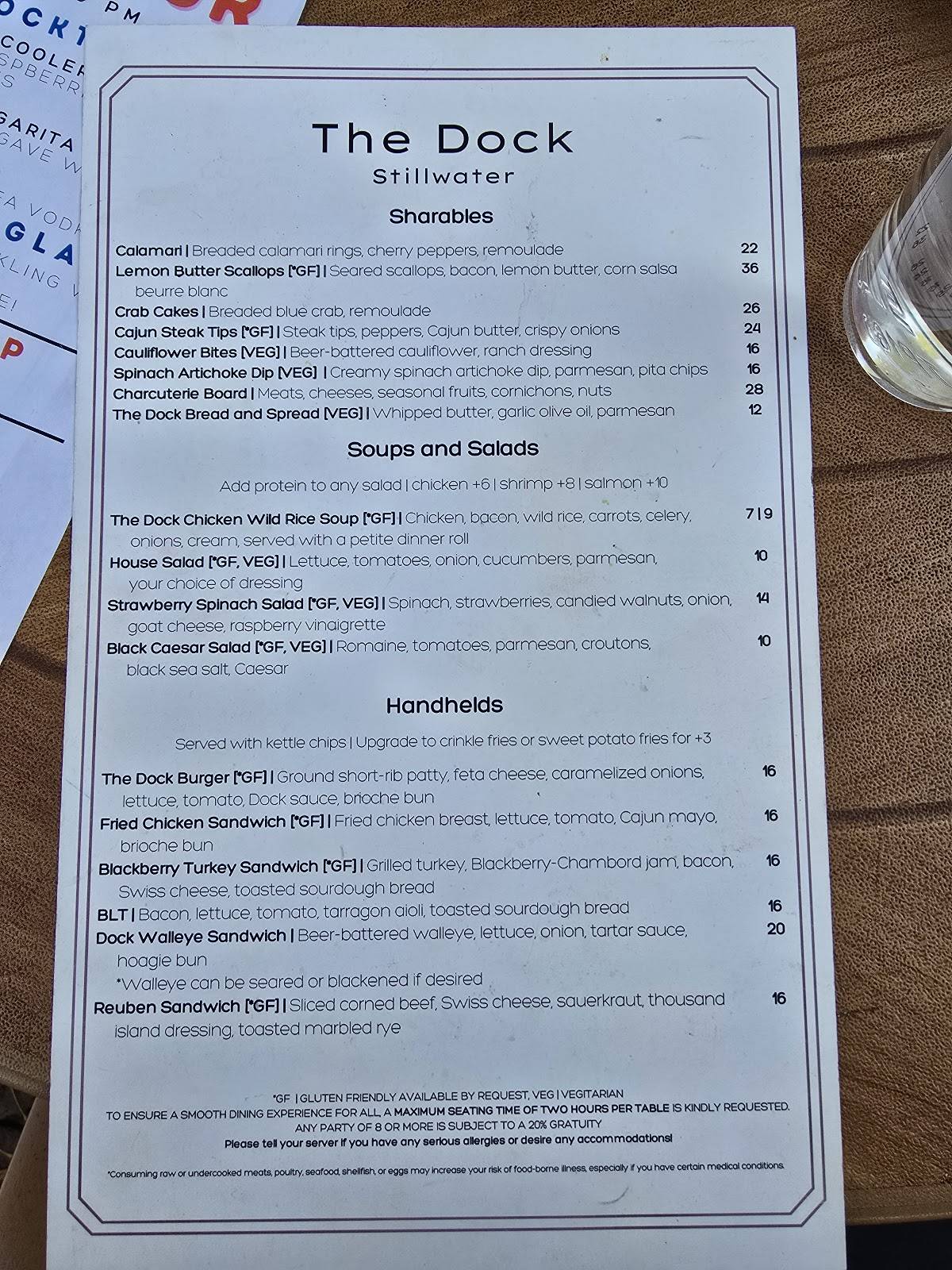 Menu at The Dock Stillwater steakhouse, Stillwater