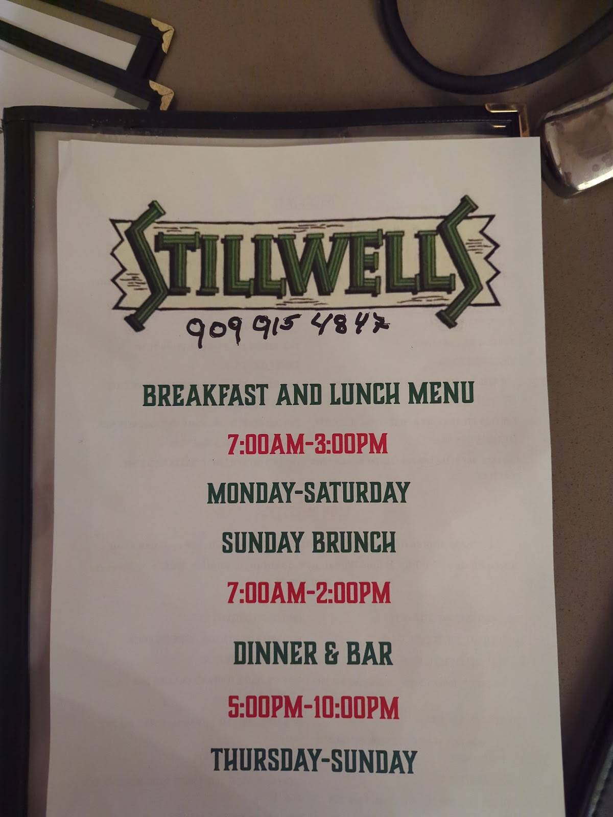Menu at Stillwells Restaurant, Big Bear Lake