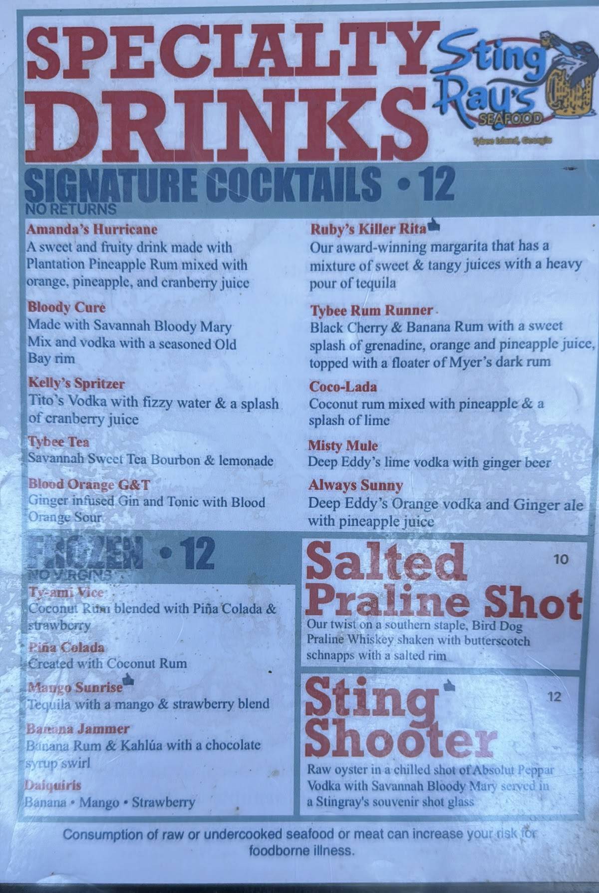 Menu at Sting Ray's Seafood pub & bar, Tybee Island