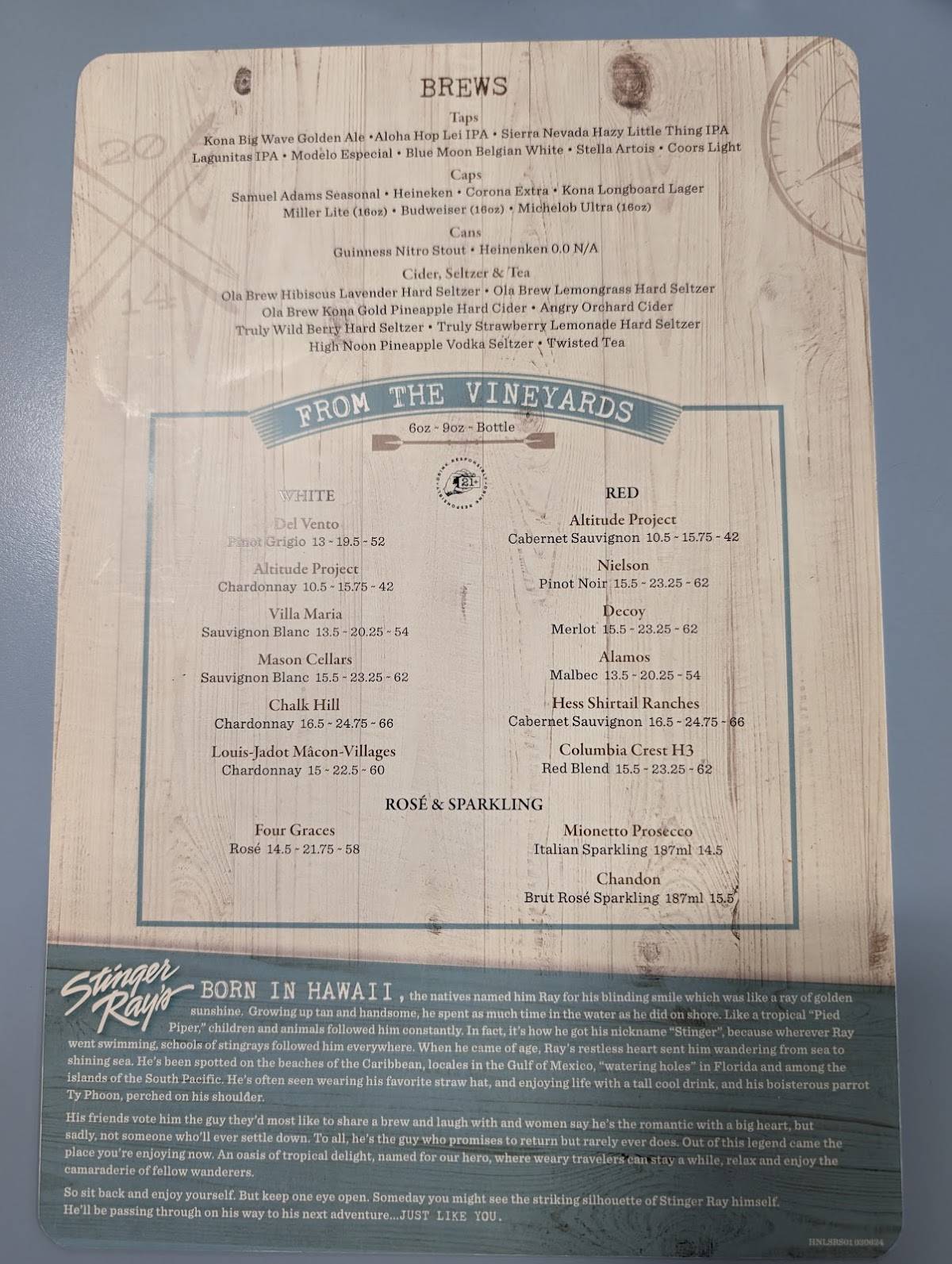 Menu at Stinger Rays Tropical Bar and Grill, Honolulu