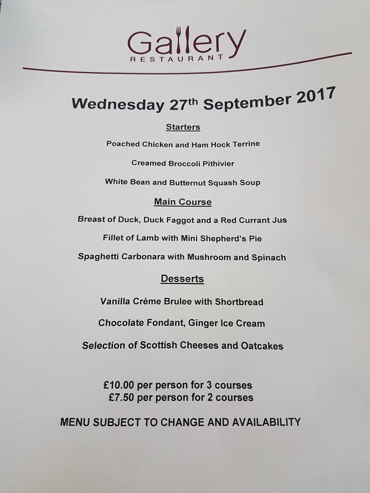 Menu at The Gallery Restaurant, Stirling