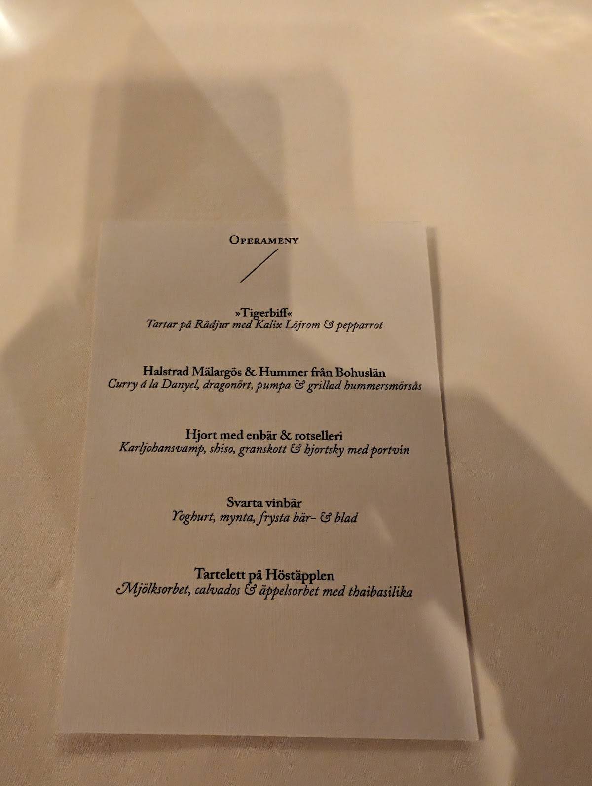Menu at Restaurant Operakällaren, Stockholm, Operahuset