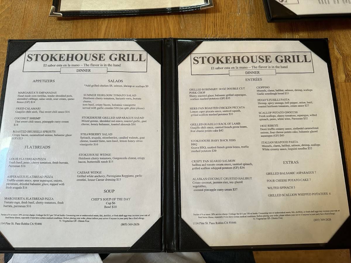 Menu at Stokehouse Grill restaurant, Paso Robles