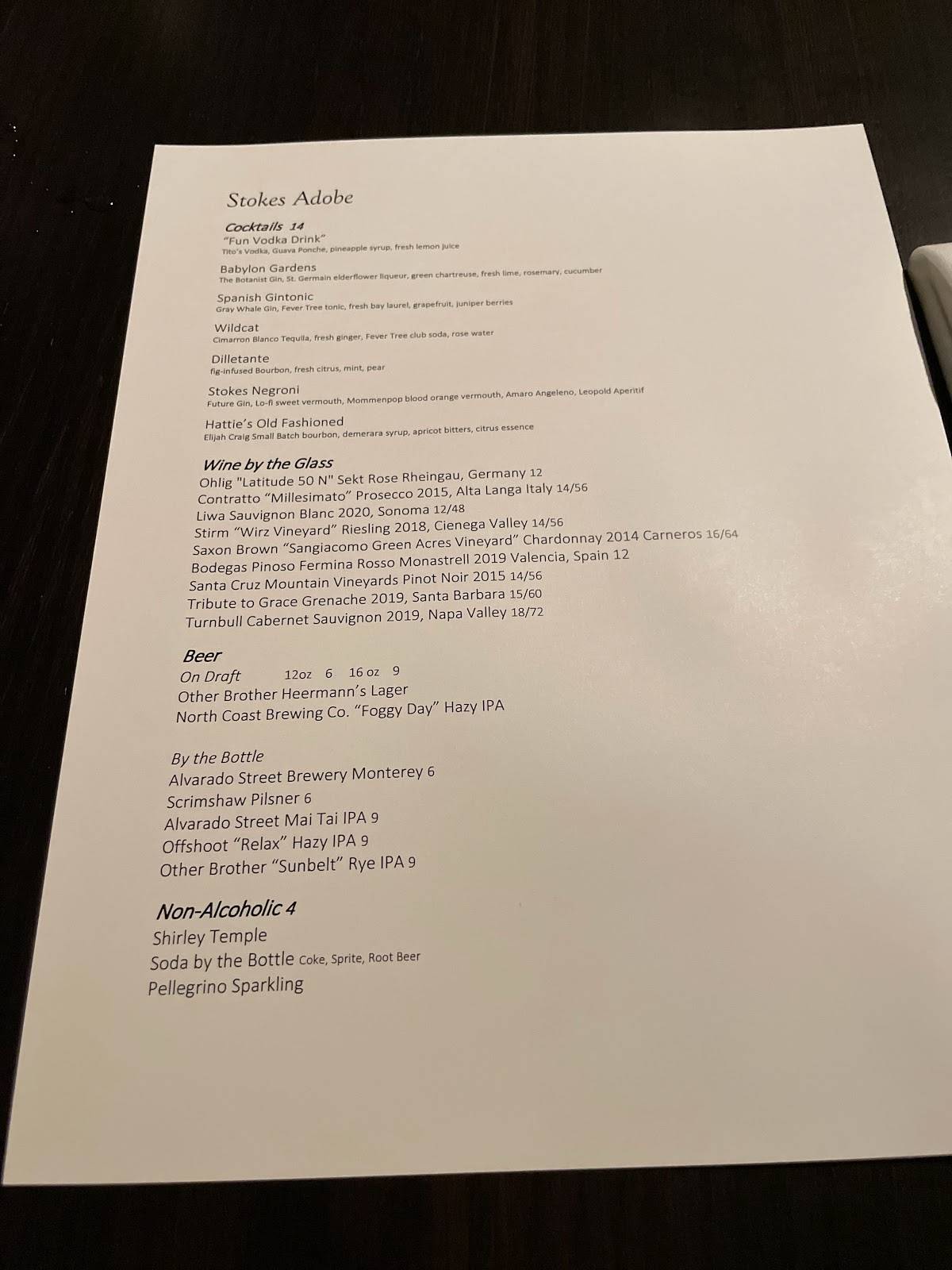 Menu at Stokes Adobe Restaurant, Monterey