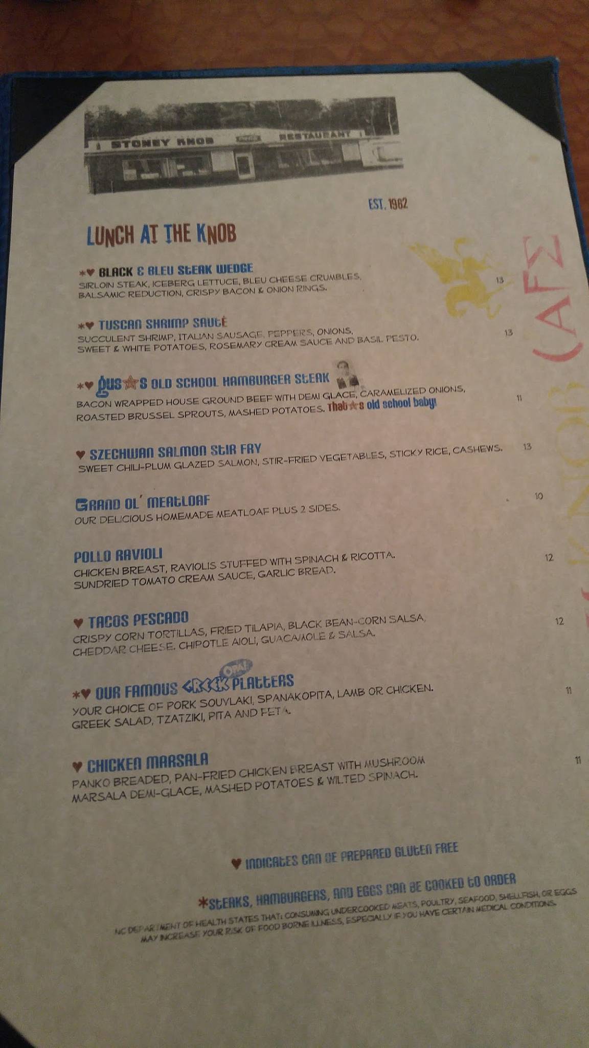 Menu at Stoney Knob Cafe, Weaverville