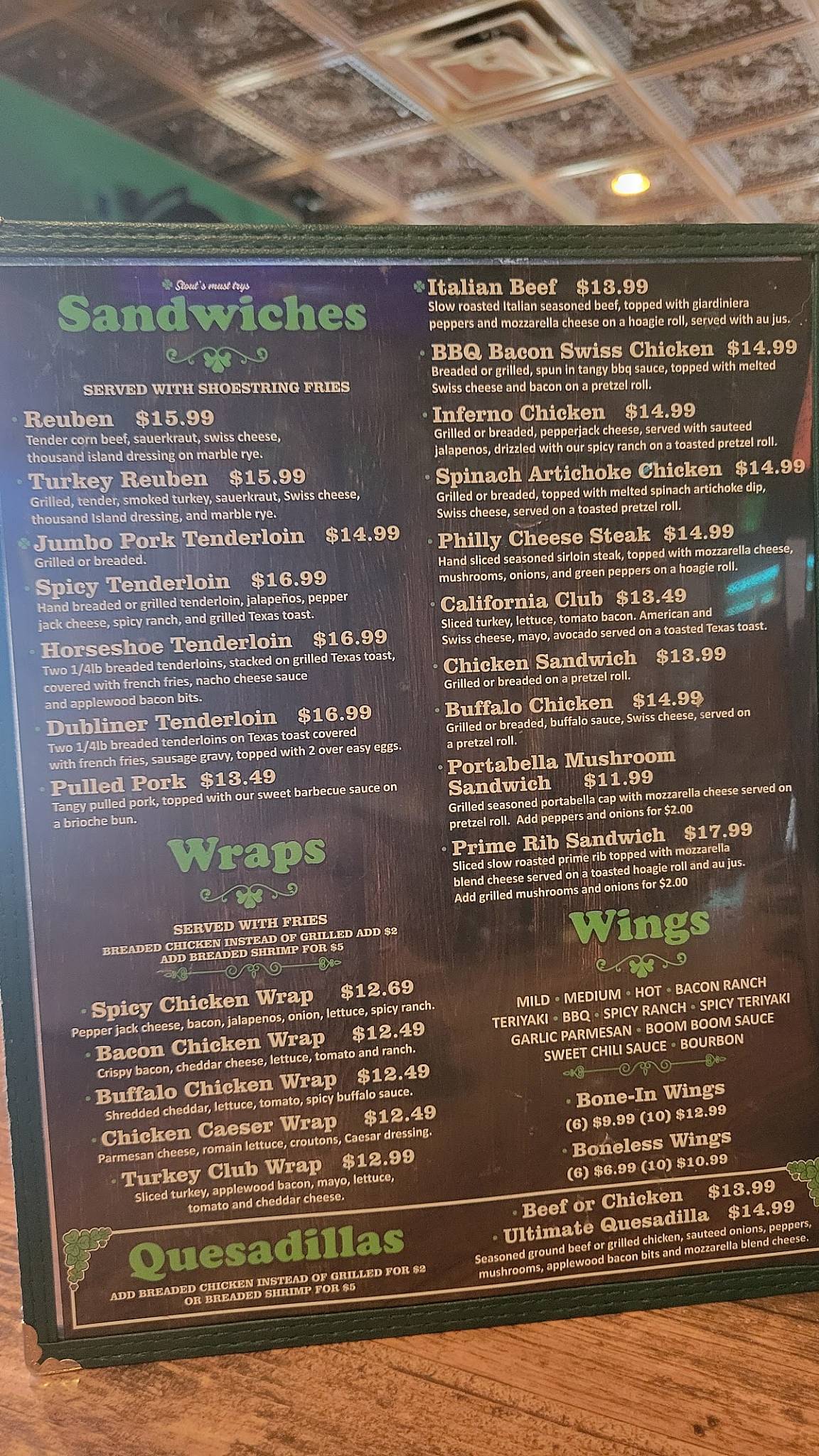 Menu at Stouts Irish Pub, Clinton