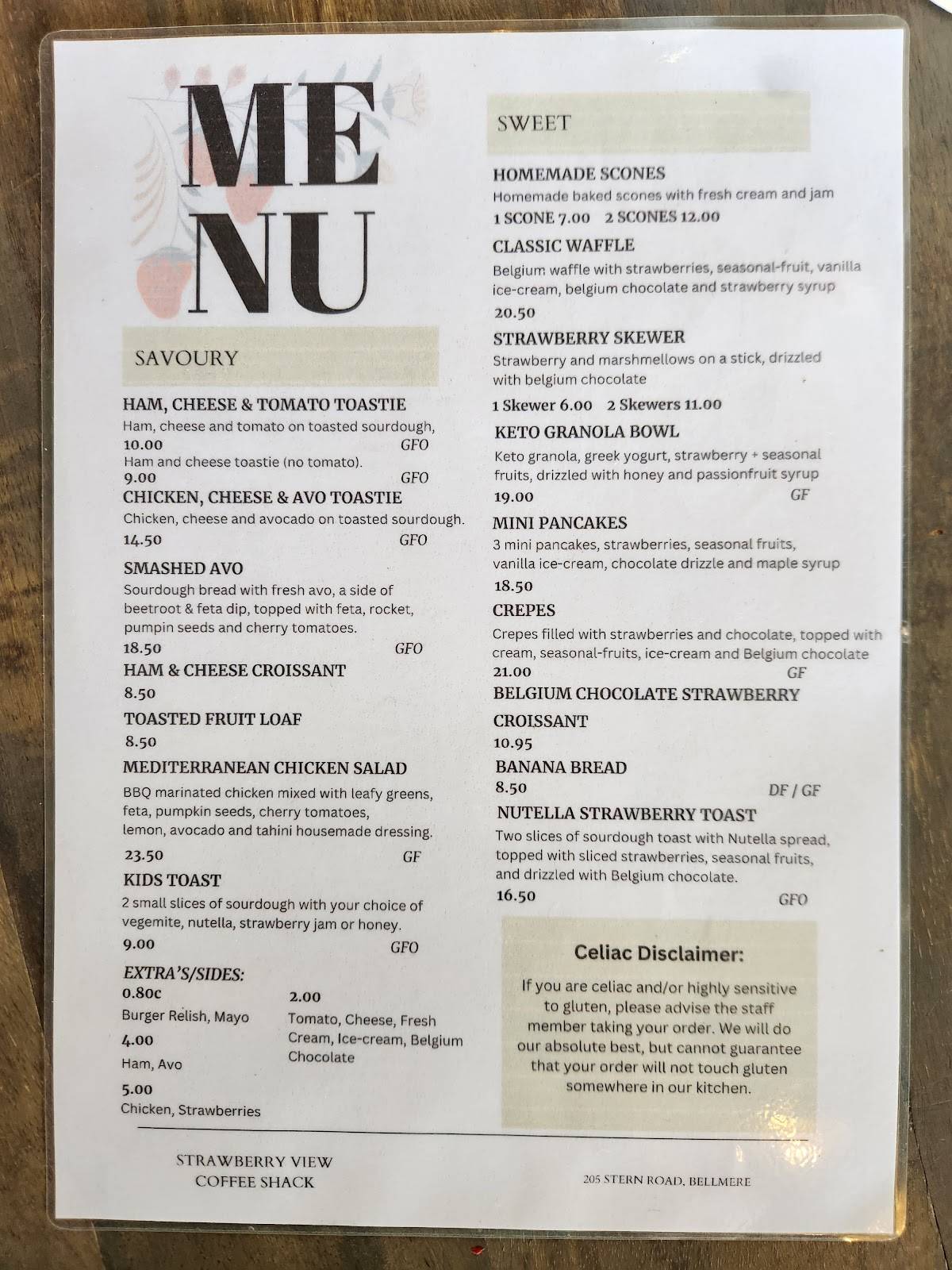 Menu at Strawberry View Coffee Shack cafe, Bellmere