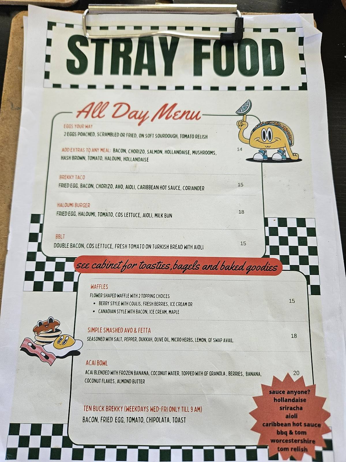 Menu at Stray cafe, Evans Head