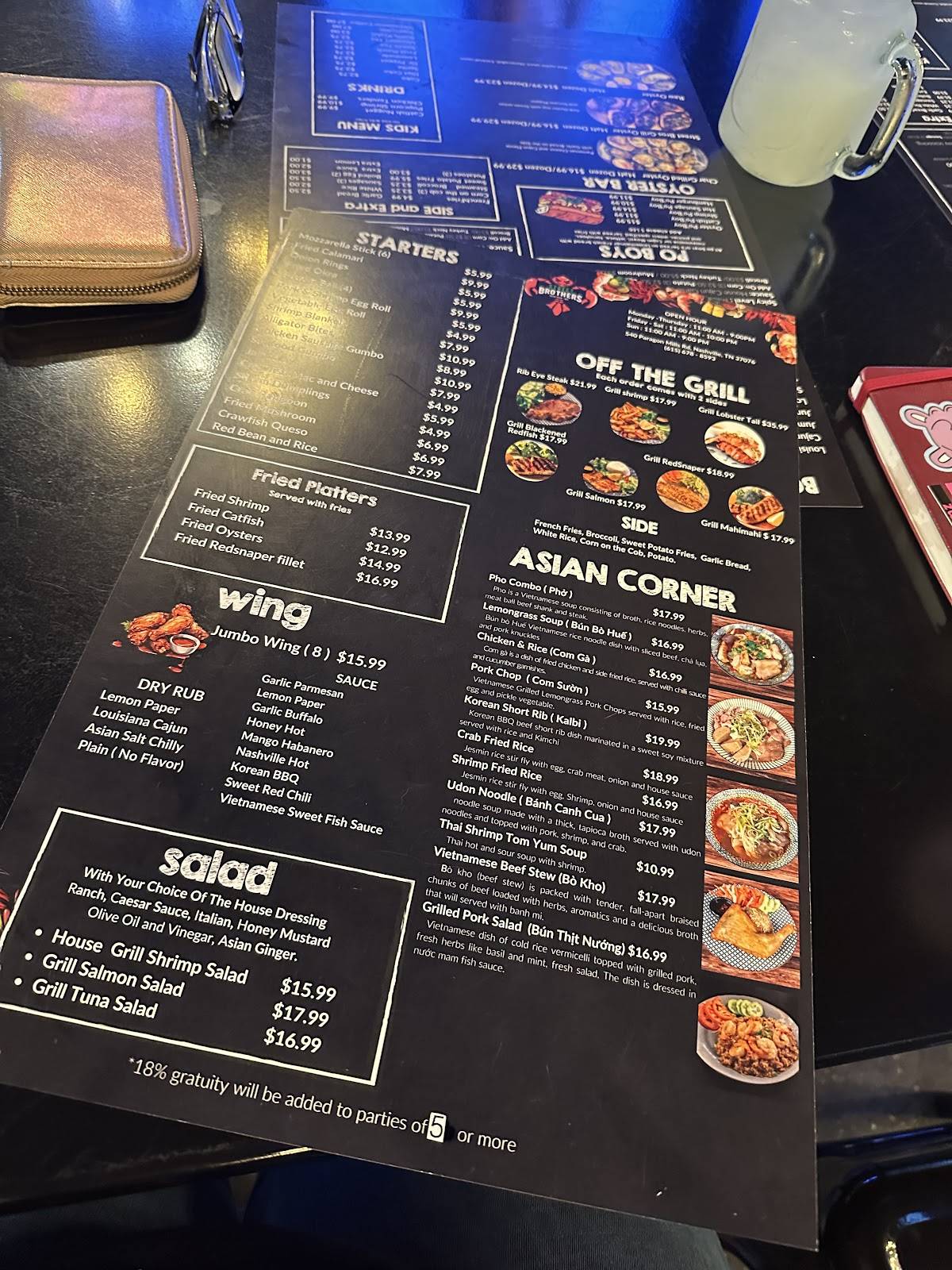 Menu at Street Brothers Seafood restaurant, Nashville