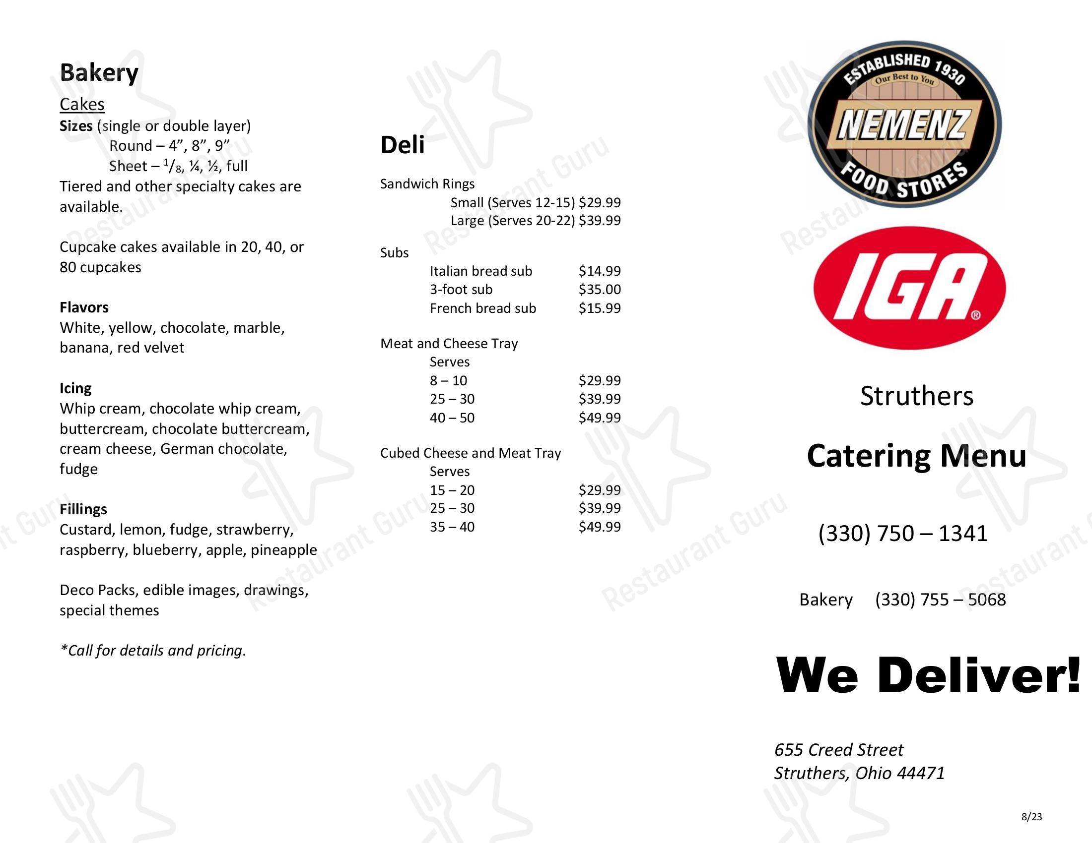 Menu at Nemenz IGA Stores, Struthers