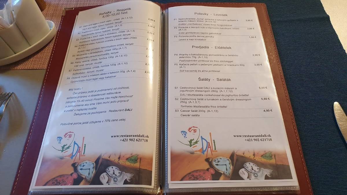 Menu at Dali restaurant, Štúrovo