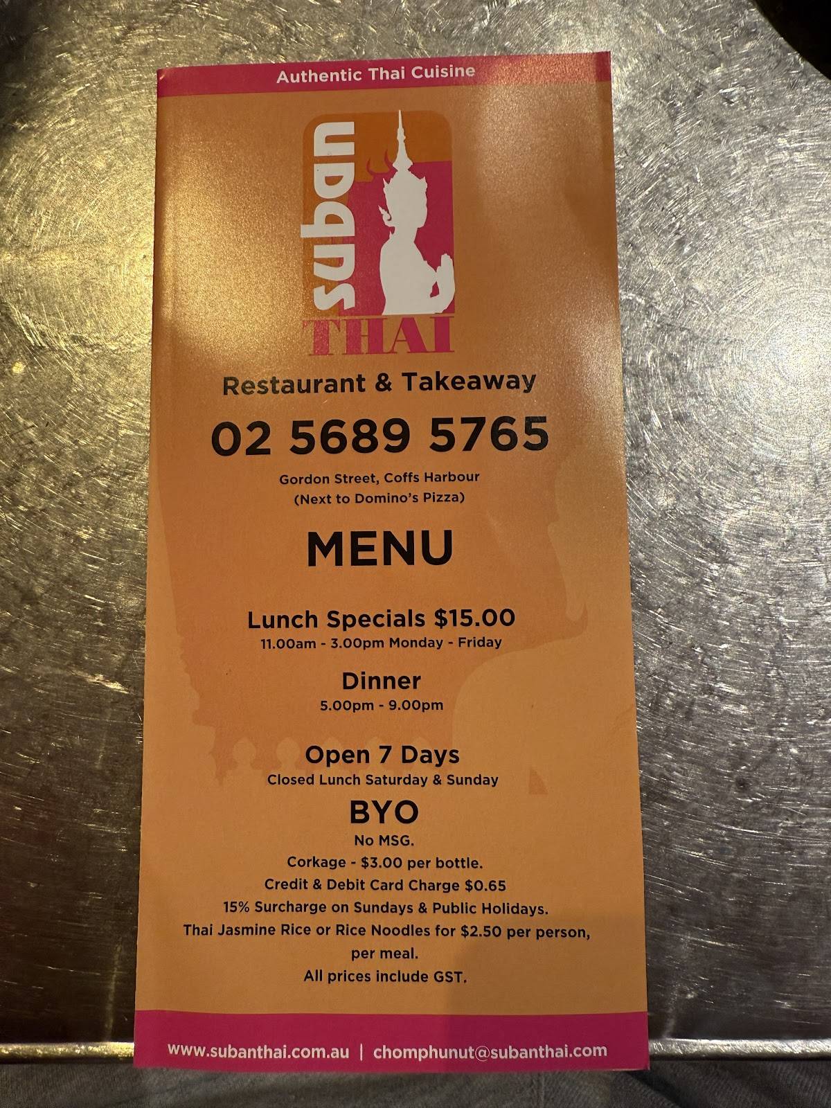 Menu at Suban Thai Restaurant, Coffs Harbour
