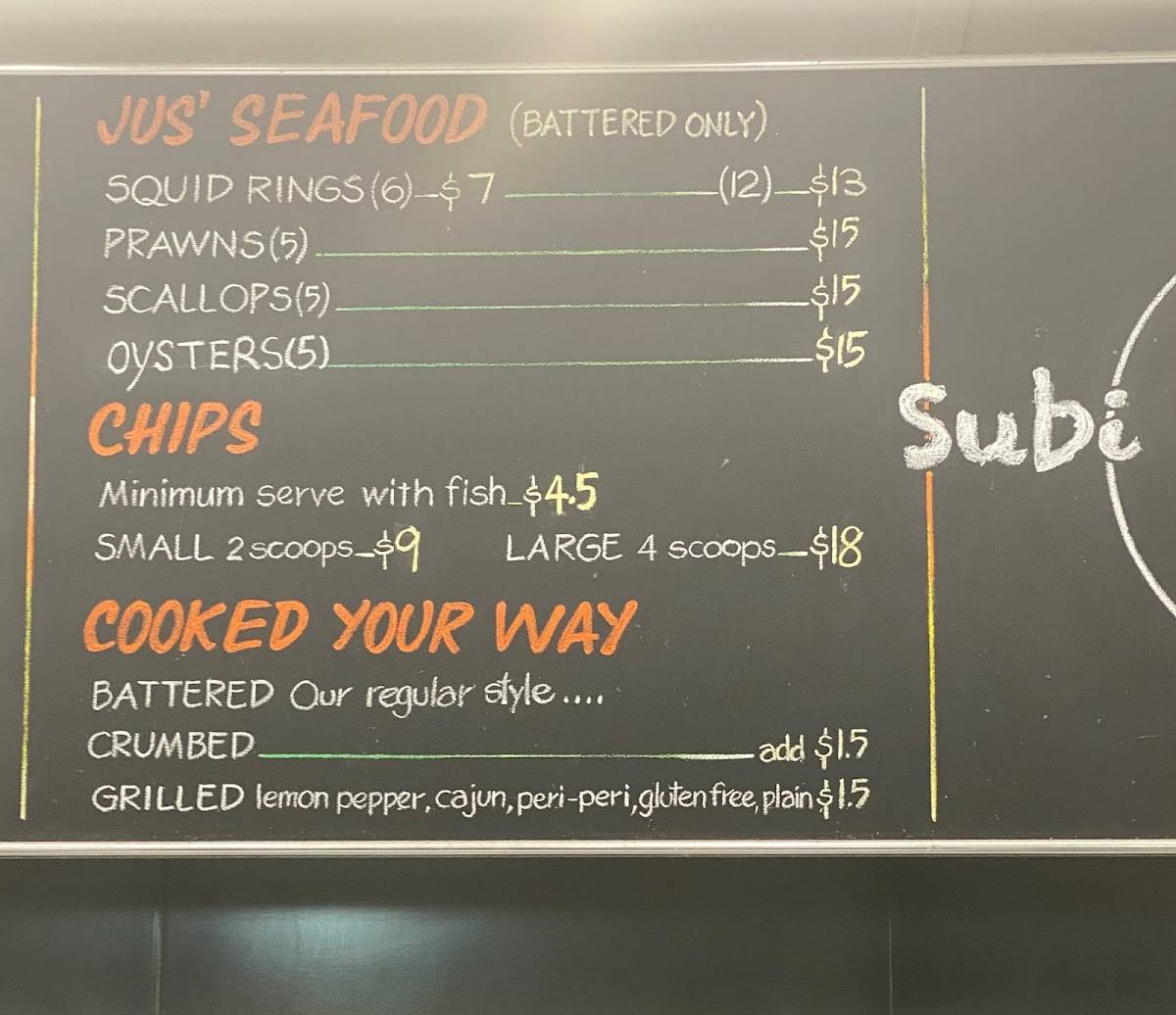 Menu at Subi Fish and Chips restaurant, Subiaco