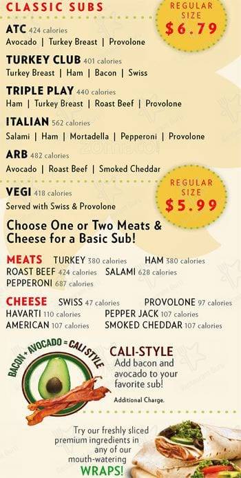 Menu at Submarina, Clarksville, Fort Campbell Blvd