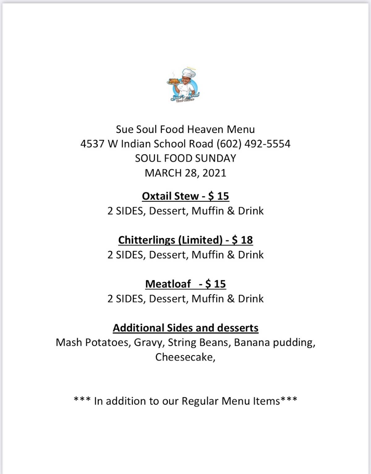 Menu at Sue Soul Food Heaven restaurant, Phoenix