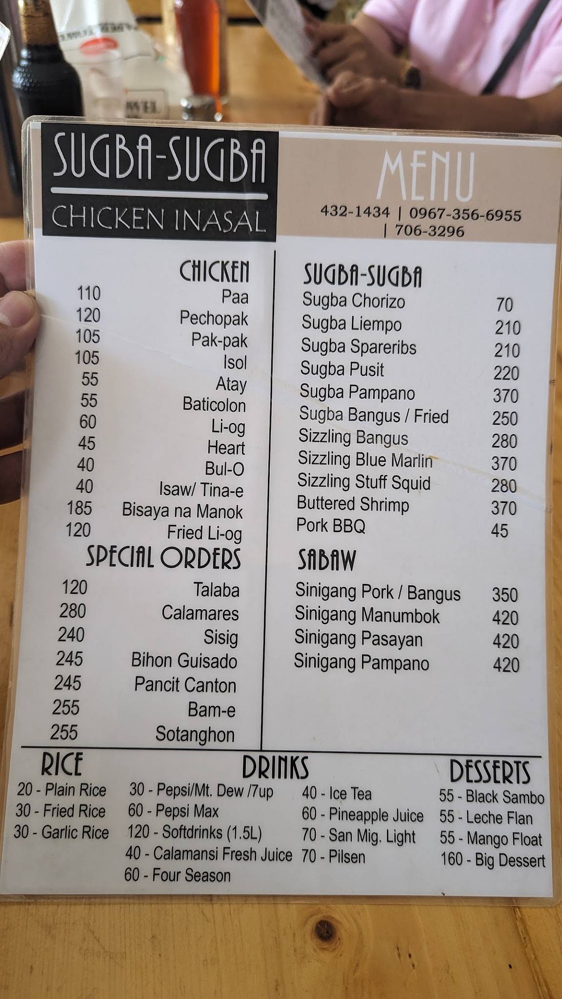 Menu at Sugba Sugba Chicken Inasal restaurant, Bacolod