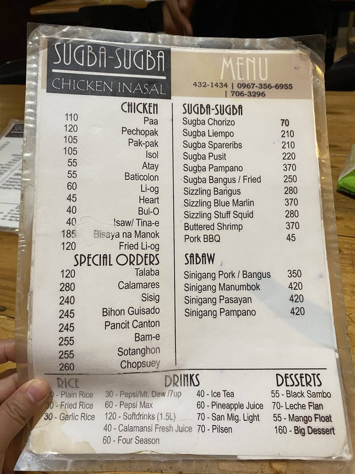 Menu at Sugba Sugba Chicken Inasal restaurant, Bacolod