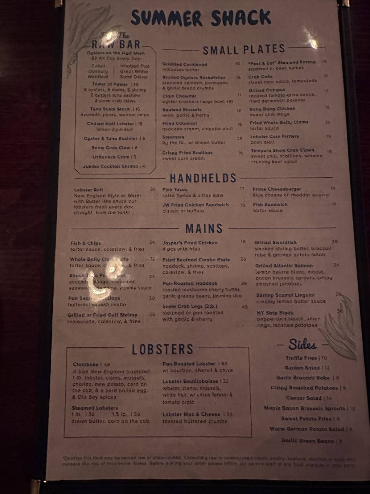 Menu at Summer Shack pub & bar, Boston, 50 Dalton St
