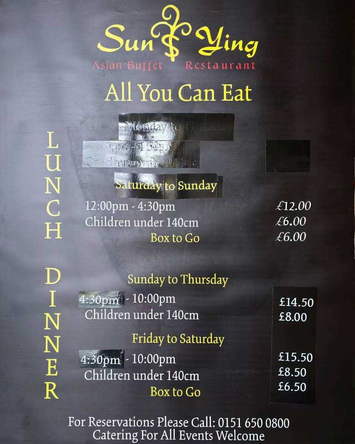 Menu at Sun Ying restaurant, Birkenhead