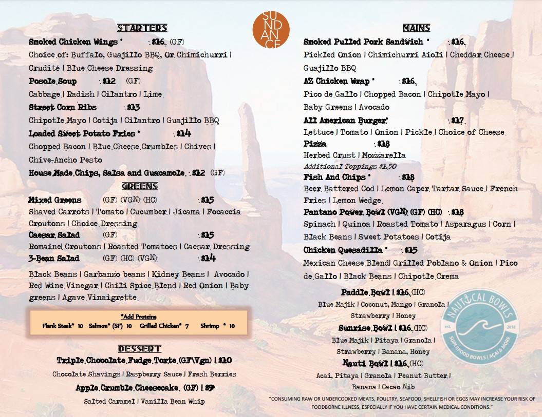 Menu at Sundance Cafe at El Conquistador Resort, Tucson