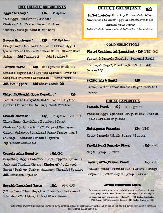 Menu at Sundance Cafe at El Conquistador Resort, Tucson