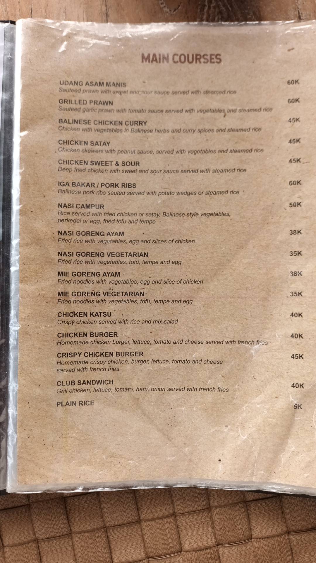 Menu at Sundara Boga Warung restaurant, Indonesia