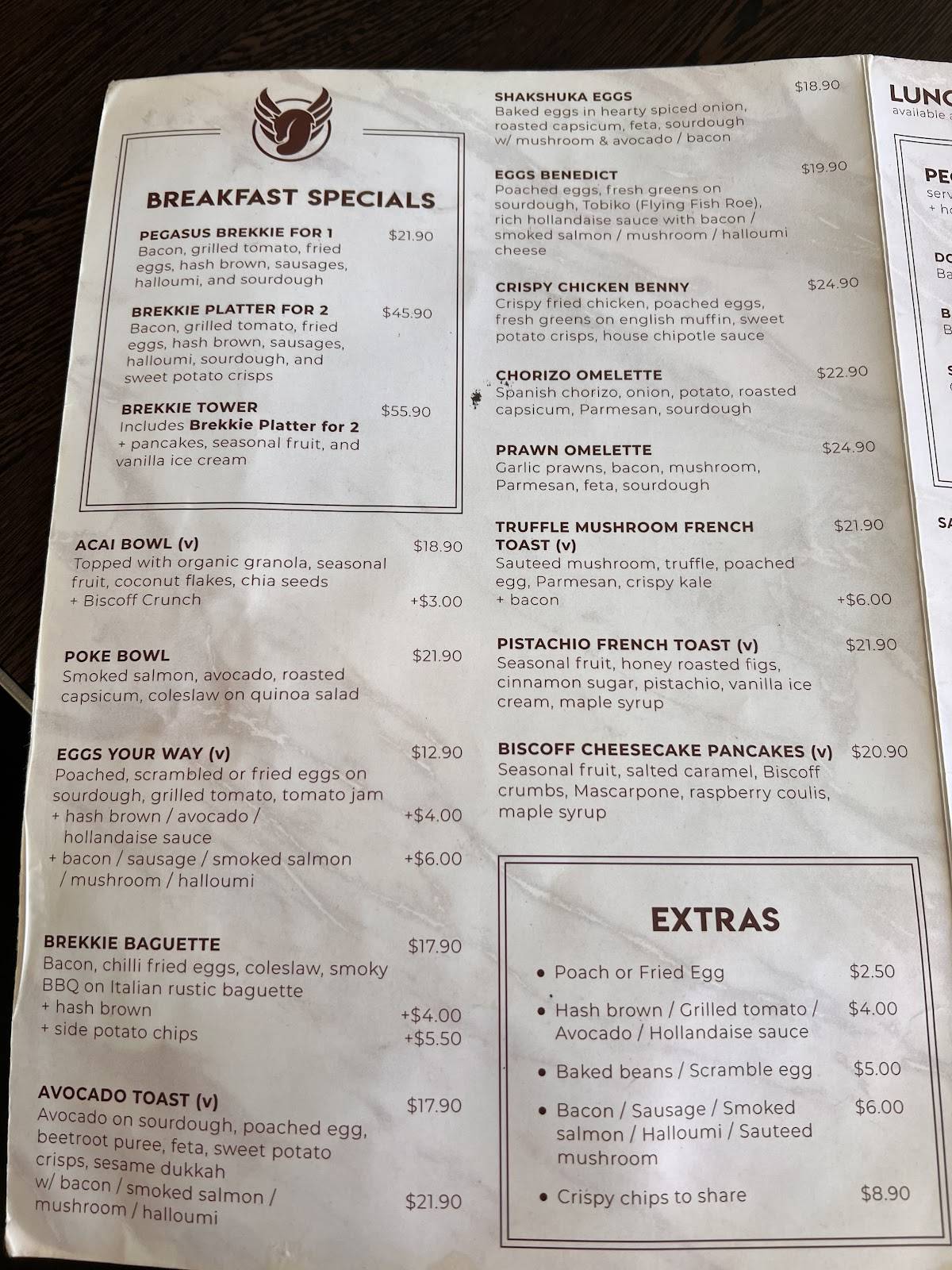 Menu at Cafe Pegasus, Sunnybank