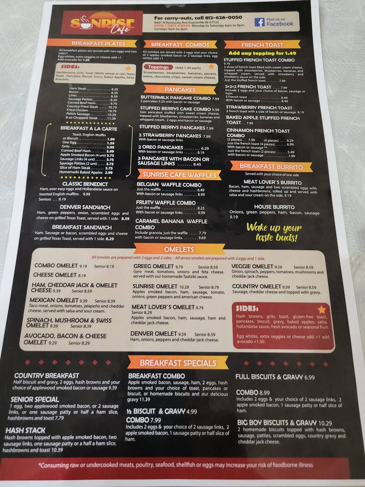 Menu at Sunrise Cafe Family restaurant, Evansville