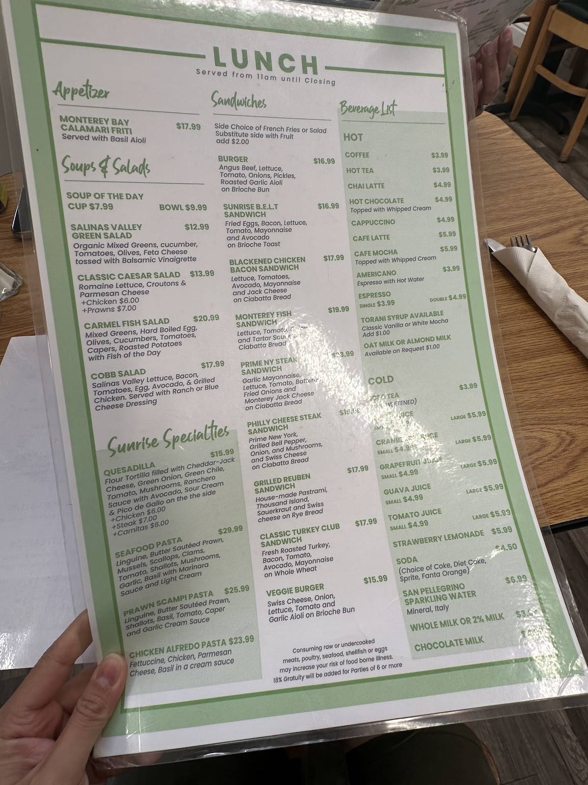 Menu at Sunrise Cafe, Monterey