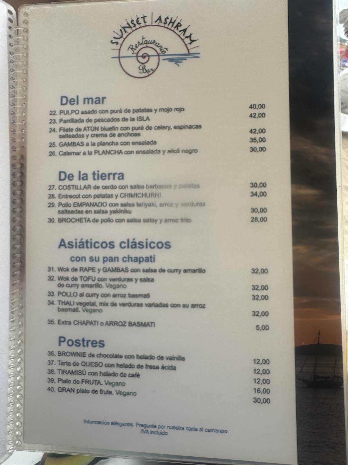 Menu at Sunset Ashram restaurant, Spain, Carretera de Cala Conta