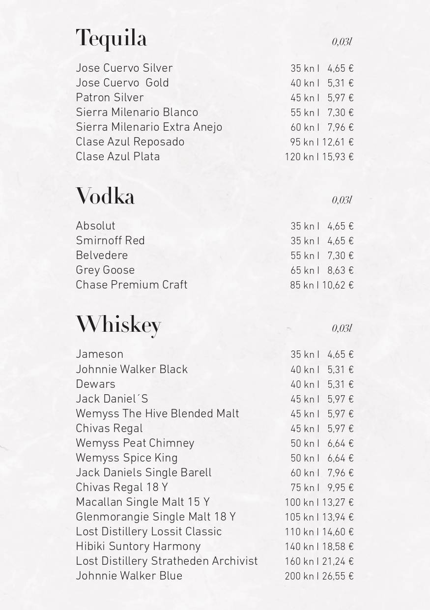 Menu at Sunset Beach Bar, Dubrovnik