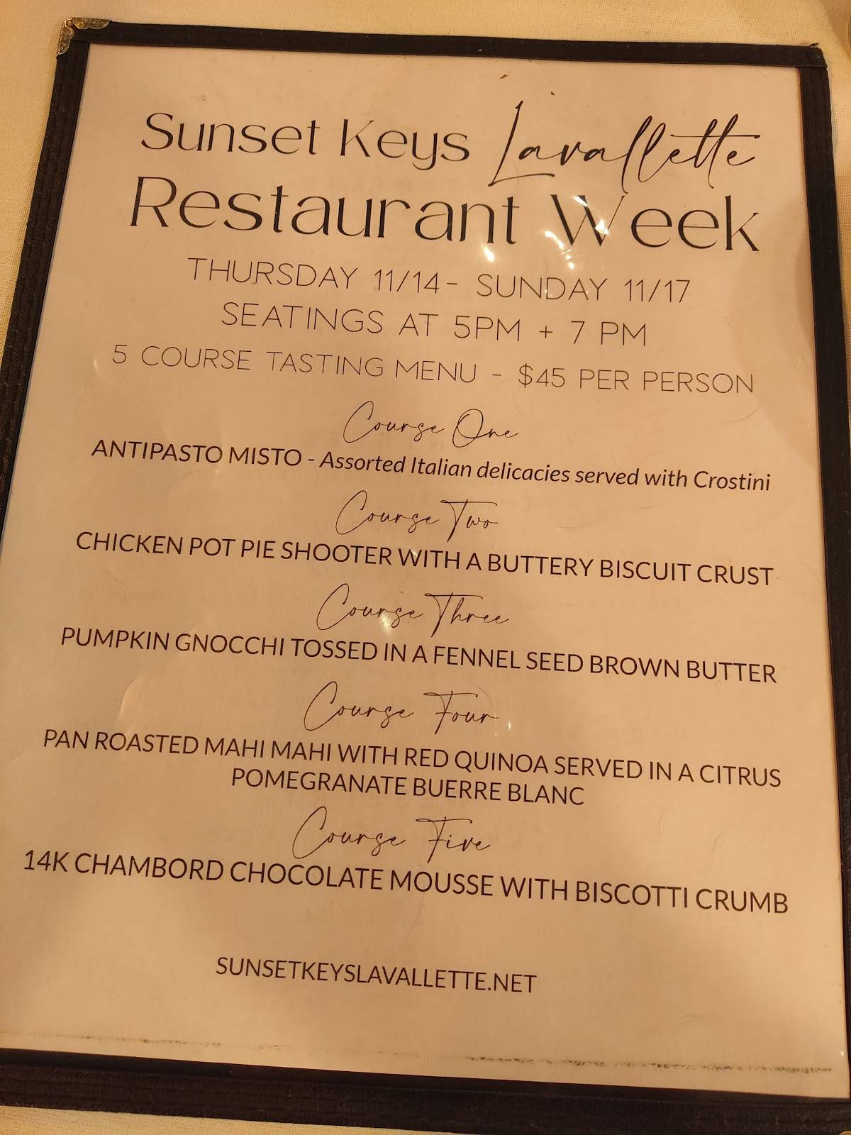Menu at Chef Justin’s Sunset Keys restaurant, Lavallette
