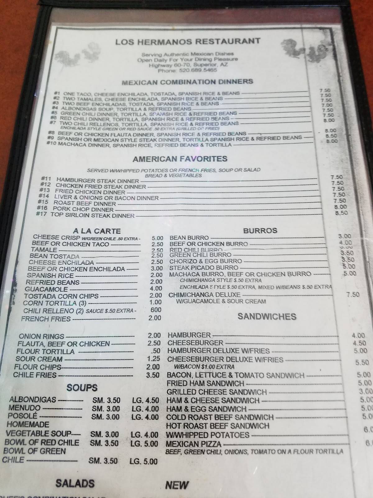 Menu at Los Hermanos Restaurant & Lounge, Superior, 835 US-60