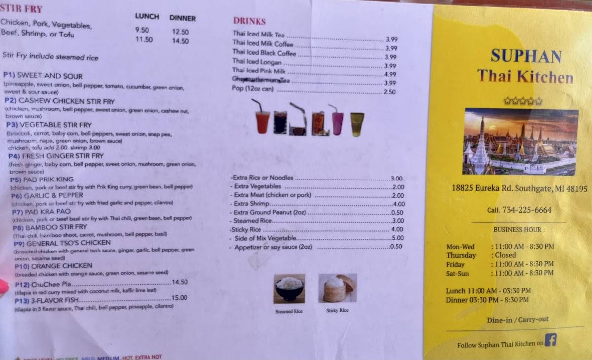 Menu at Suphan Thai Kitchen restaurant, Southgate