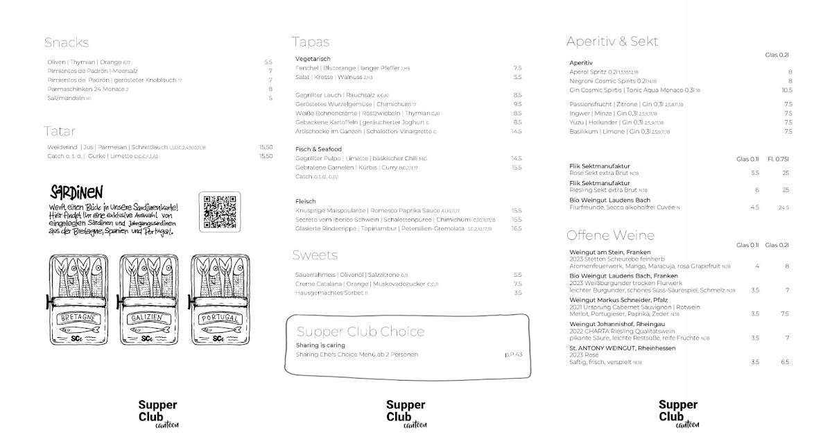 Menu at Supper Club Canteen, Munich