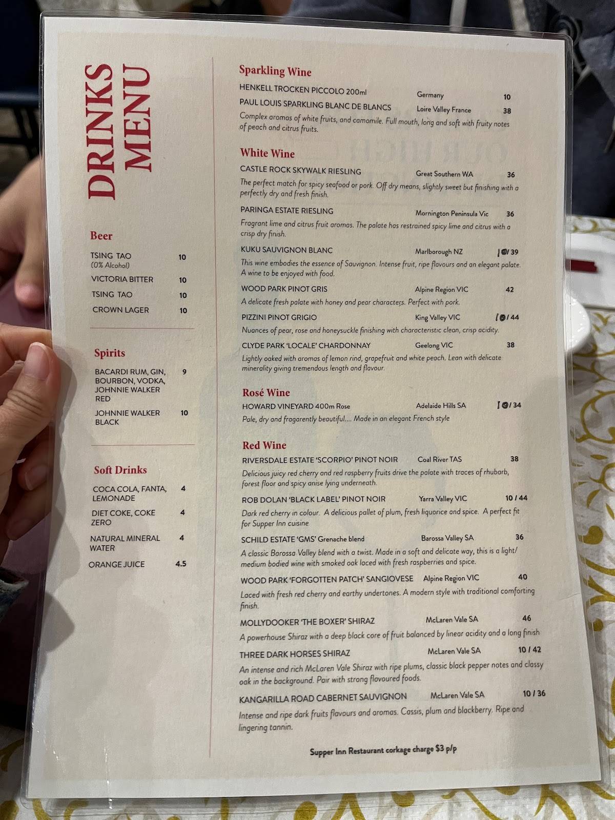 Menu at Supper Inn restaurant, Melbourne
