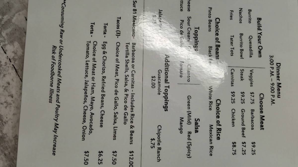 Menu at Sur 81 restaurant, Marion, VA-16