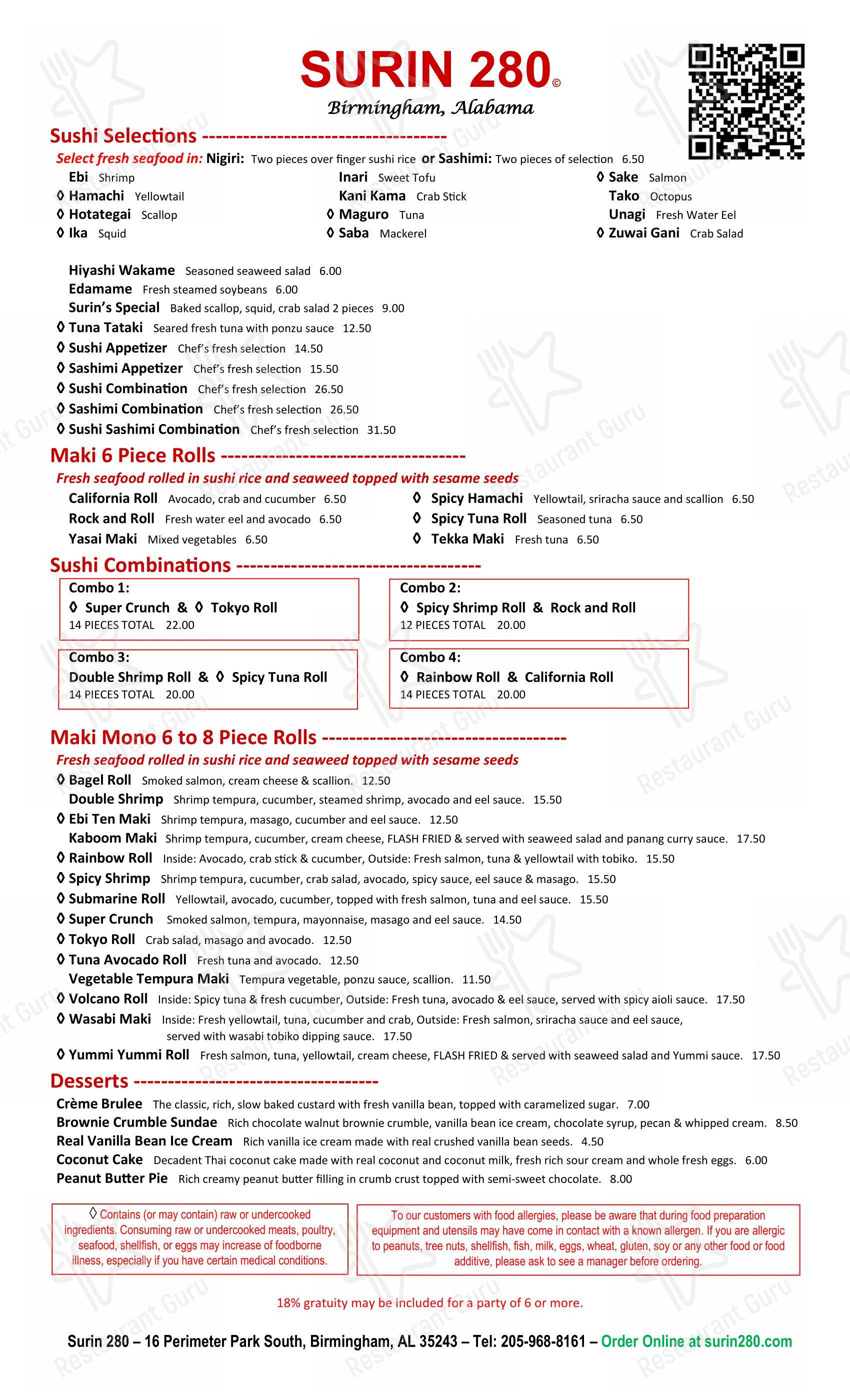 Menu at Surin 280 restaurant, Birmingham, 16 Perimeter Park S