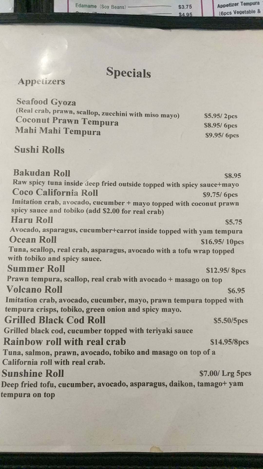 Menu at Sushi Ichi restaurant, Parksville