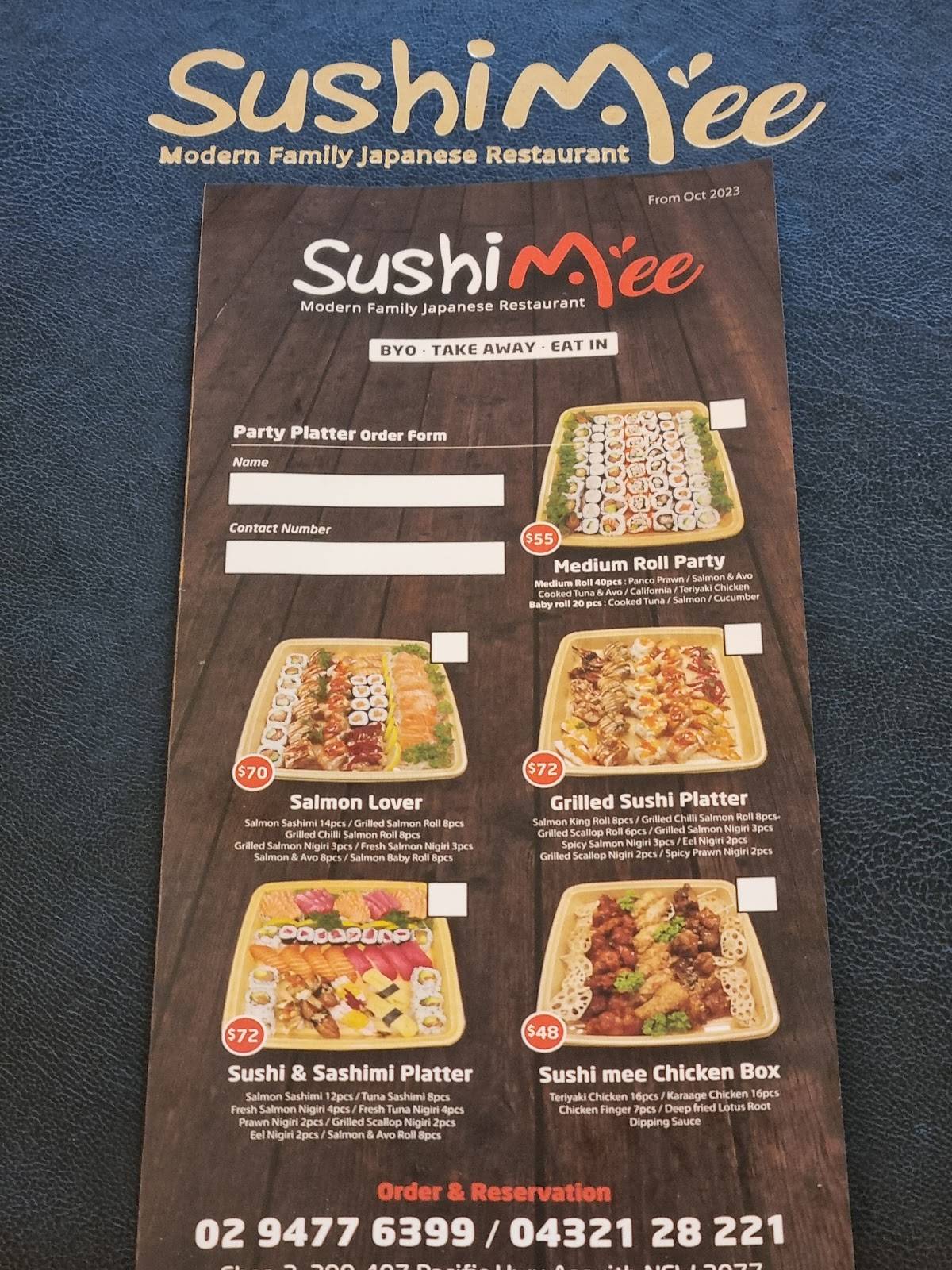 Menu at Sushimee restaurant, Asquith