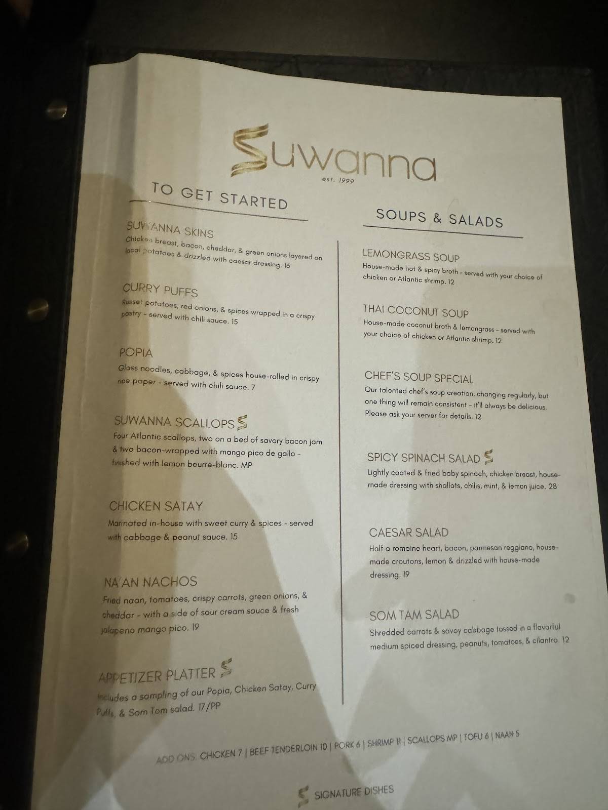 Menu at Suwanna restaurant, Saint John