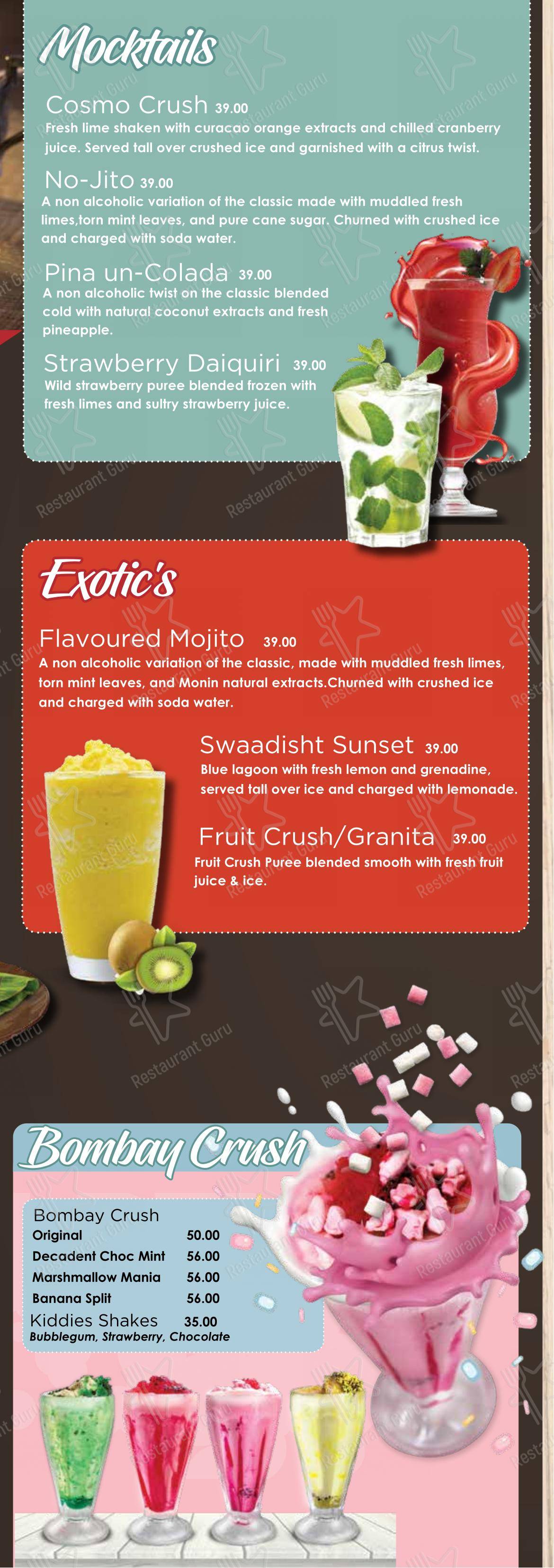 Menu at Swaadisht Foods Shallcross restaurant, Durban, 1