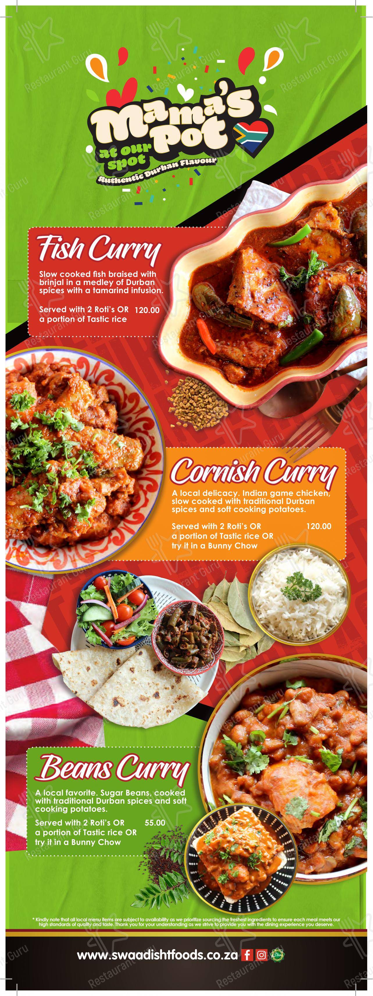 Menu at Swaadisht Foods Shallcross restaurant, Durban, 1