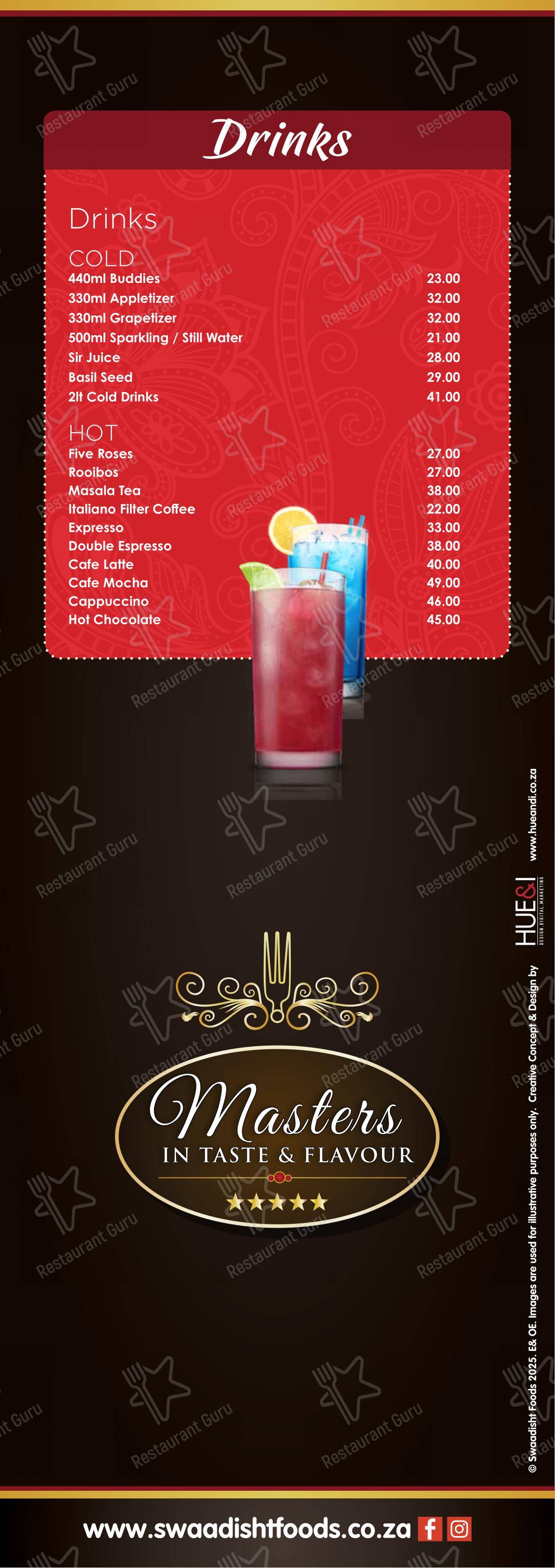 Menu at Swaadisht Foods Shallcross restaurant, Durban, 1