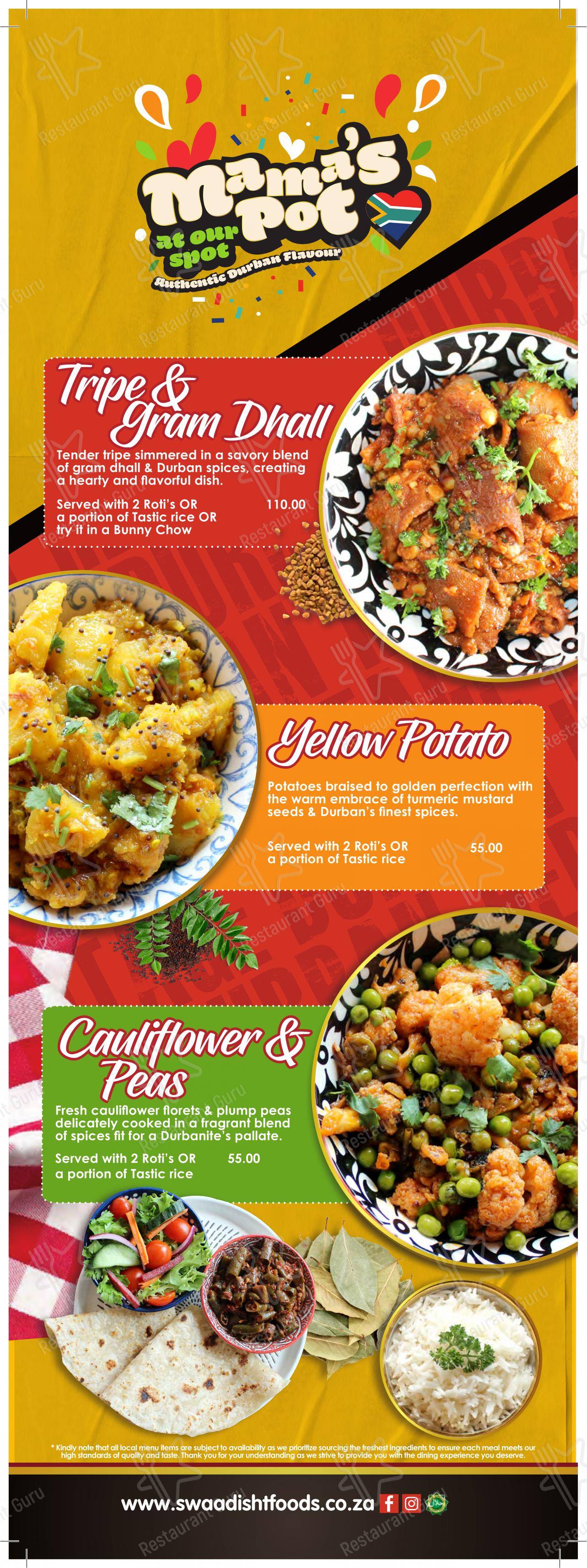 Menu at Swaadisht Foods Shallcross restaurant, Durban, 1