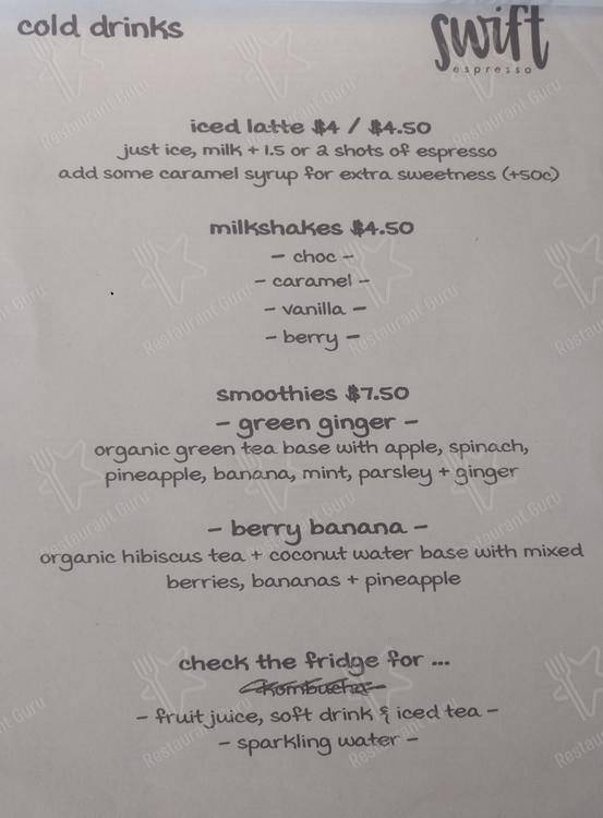 Menu at Swift Espresso cafe, Brisbane City