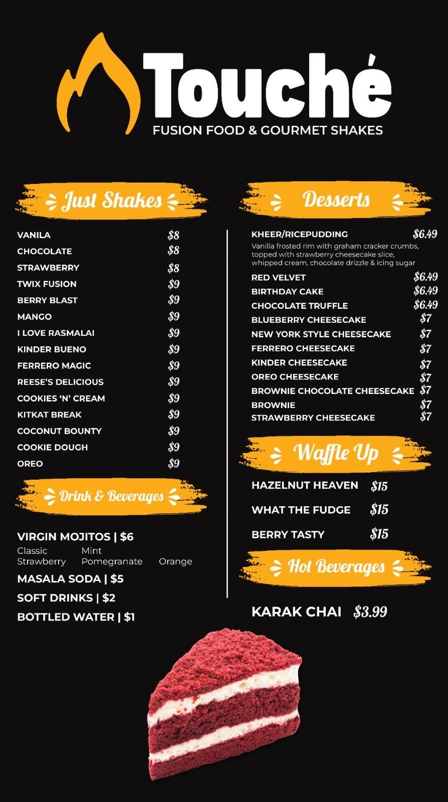 Menu at Touché - Fusion Food & Gourmet Shakes restaurant, Sydney